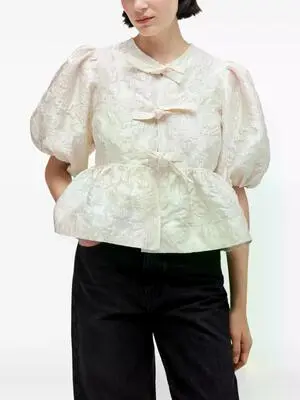 GANNI Satin Peplum Tie Blouse - Neutrals