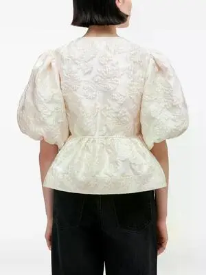 GANNI Satin Peplum Tie Blouse - Neutrals