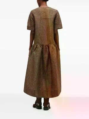 GANNI Checked V-neck Short Sleeve Dress - Brown