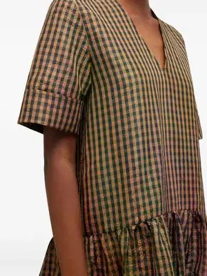 GANNI Checked V-neck Short Sleeve Dress - Brown