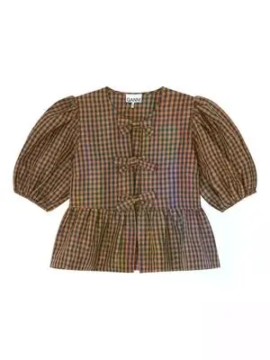 GANNI Gingham Bow Blouse - Brown