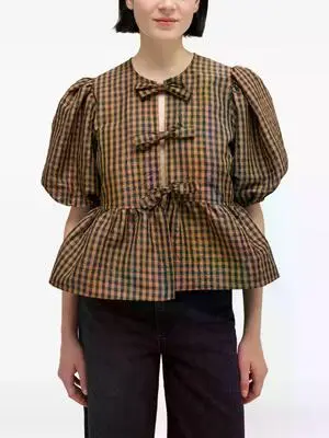 GANNI Gingham Bow Blouse - Brown