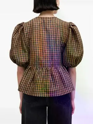 GANNI Gingham Bow Blouse - Brown