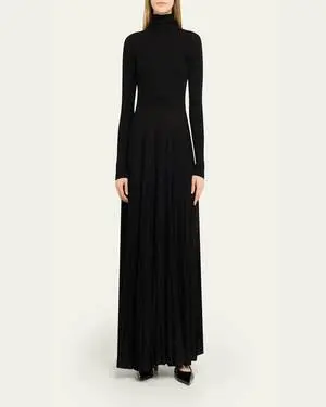 Ralph Lauren Rib-knit Pleated Turtleneck Gown