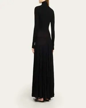 Ralph Lauren Rib-knit Pleated Turtleneck Gown