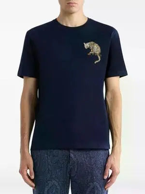 Etro Cotton T-shirt With Leopard Print And Embroidery - Blue
