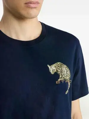 Etro Cotton T-shirt With Leopard Print And Embroidery - Blue