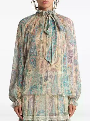 Etro Silk Crepon Blouse With Paisley Foliage Motif - Neutrals