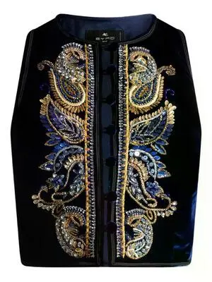 Etro Paisley Foliage Embroidered Velvet Waistcoat - Blue