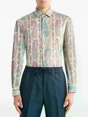 Etro Shirt In Cotton Muslin With Paisley Foliage Motif Neutrals