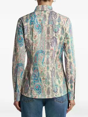 Etro Stretch Cotton Shirt With Leafy Paisley Motif - Neutrals