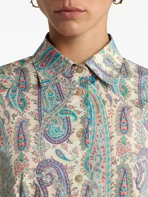 Etro Stretch Cotton Shirt With Leafy Paisley Motif - Neutrals