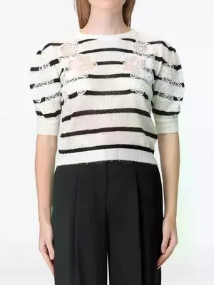 TWINSET Striped Floral-detail T-shirt - Neutrals