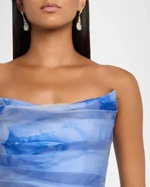 Pamella Roland Floral Silk Organza Strapless Drop-waist Gown - Blue Multi