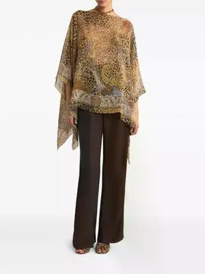 Etro Silk Poncho Top With Paisley And Animal Motif - Brown