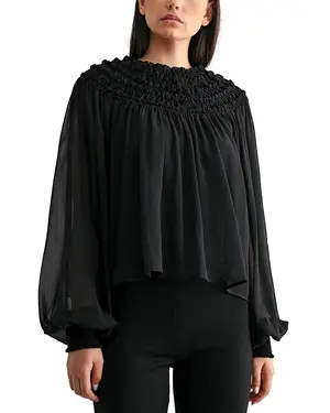 LUVEE Smocked Sheer Blouse - Black