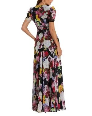 Mac Duggal Floral Print Mesh Cap Sleeve Gown