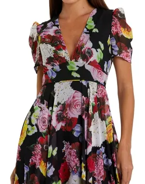 Mac Duggal Floral Print Mesh Cap Sleeve Gown
