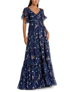 Mac Duggal Flounce Sleeve Floral Maxi Dress - Navy Multi