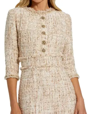 Mac Duggal 3/4 Sleeve Beaded Trim Patch Pocket Midi Dress