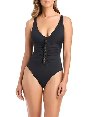 Bleu Rod Beattie Ruffled Snap Down One Piece Swimsuit - Black