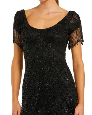 Mac Duggal Beaded Mesh Fringe Short Sleeve Column Gown