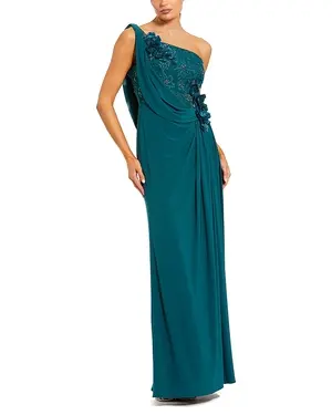 Mac Duggal Jersey One-shoulder Cowl Gown With 3d Flowers - Ocean
