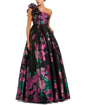 Mac Duggal Floral Brocade One Shoulder Ballgown - Black Multi