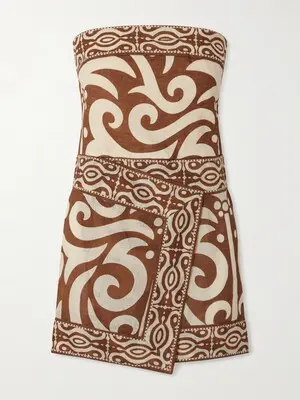 Johanna Ortiz Raiz Ritual Strapless Printed Linen Mini Dress - Brown