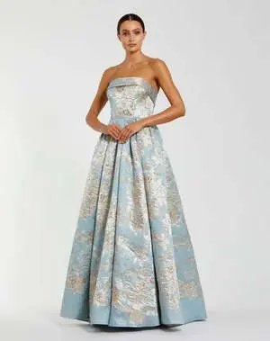 Mac Duggal Strapless Brocade Ball Gown With Pockets - Blue