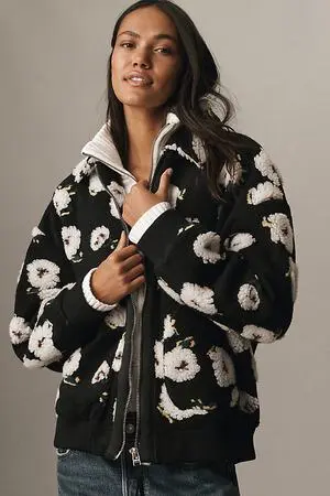 Anthropologie Floral Sherpa Fleece Bomber Jacket - Black/white Floral
