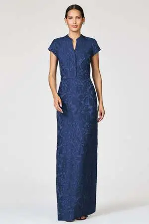 Sachin & Babi Mandarin V-neck Cloque Gown - Midnight