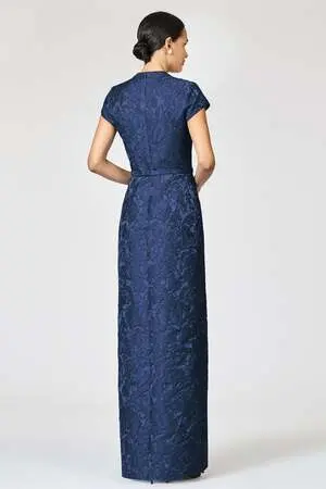 Sachin & Babi Mandarin V-neck Cloque Gown - Midnight