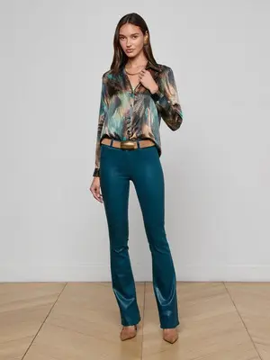 L'Agence Tyler Silk Blouse Top - Teal Multi Mix Feather