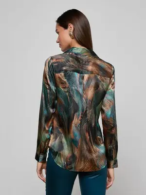 L'Agence Tyler Silk Blouse Top - Teal Multi Mix Feather