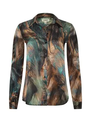 L'Agence Tyler Silk Blouse Top - Teal Multi Mix Feather