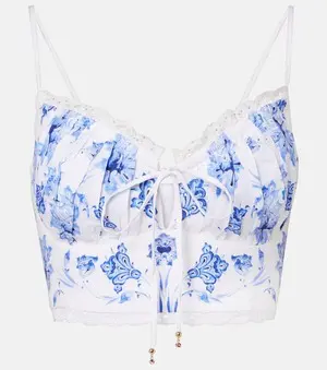 Camilla Printed Lace-trimmed Linen Bra Top - White