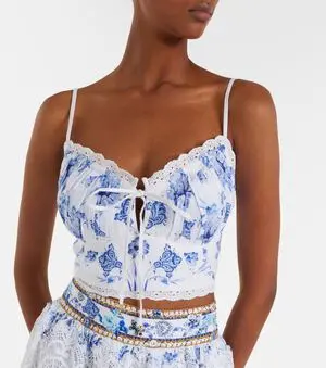 Camilla Printed Lace-trimmed Linen Bra Top