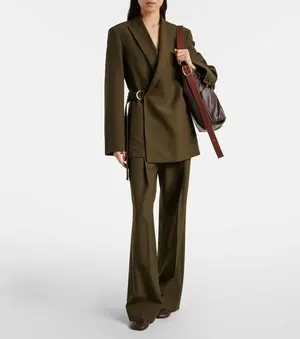 Loewe Leather-trimmed Pleated Wool Flared Pants