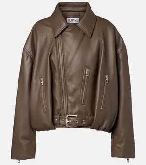Loewe Cropped Leather Biker Jacket - Brown
