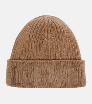 Loewe Logo Embroidered Ribbed-knit Wool Beanie - Beige