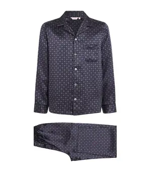 Derek Rose Silk Geometric Brindisi Pyjama Set - Navy