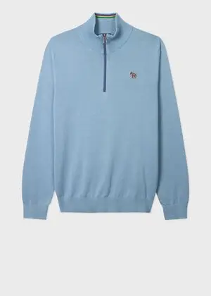 Paul Smith Organic Cotton Quarter Zip Sweater With Zebra Logo - Blue