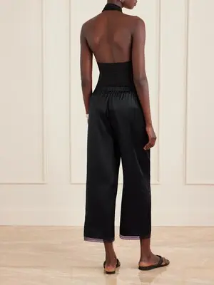 Staud Kirby Cropped Lace-trimmed Silk-blend Satin Wide-leg Pants