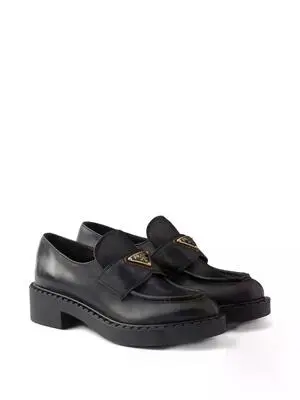 Prada Logo Triangle Leather Loafers - Black