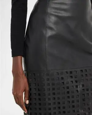 Emporio Armani Leather Cutout Midi Skirt - Solid Blac