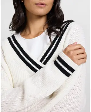 Onia Deep V-neck Varsity Pullover Sweater - Off White/black