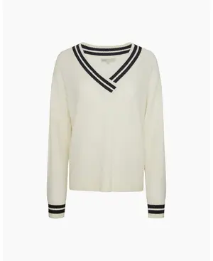 Onia Deep V-neck Varsity Pullover Sweater - Off White/black