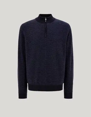 Canali Dark Navy And Pure Jacquard Wool Mock Neck Sweater With Zipper