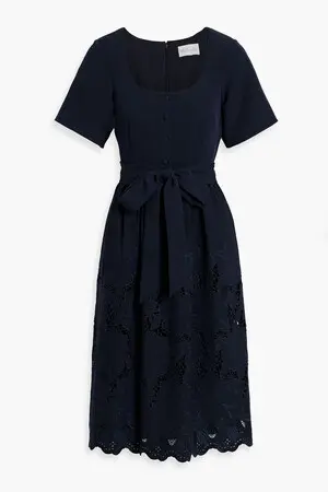 MIKAEL AGHAL Belted Guipure Lace And Crepe Midi Dress - Navy